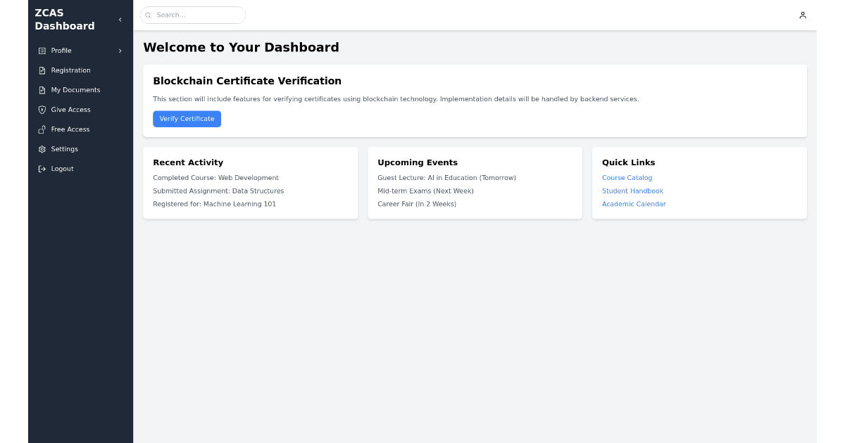 ZCAS University Student Dashboard with Blockchain Certificate Verification