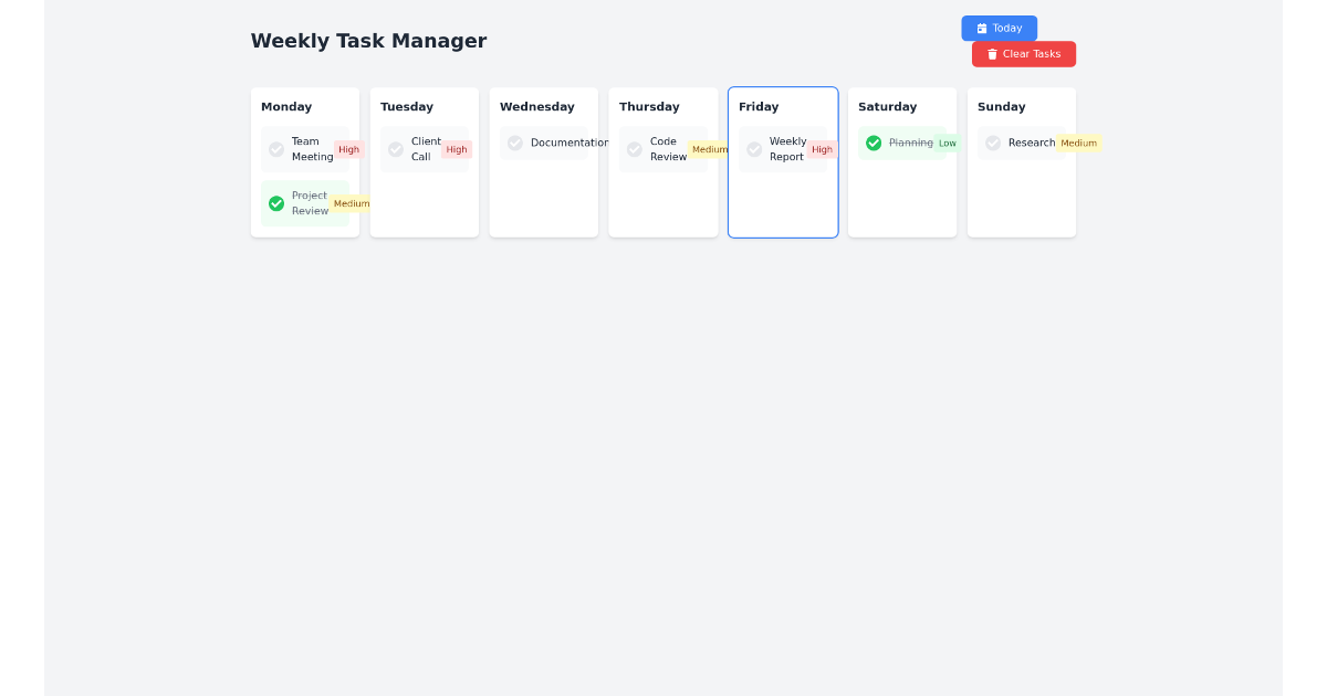 React & Tailwind Weekly Task Manager with Today & Clear Buttons