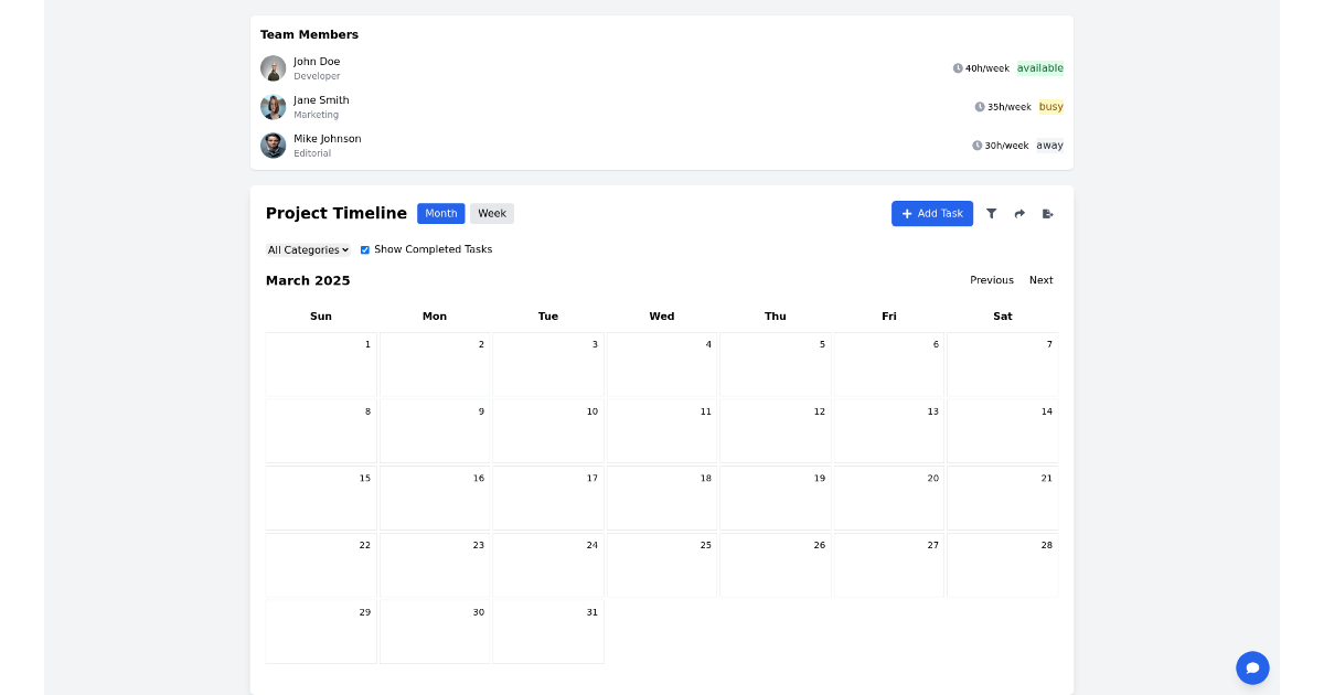 React Task Planning UI with Timeline & Filters | Tailwind Components