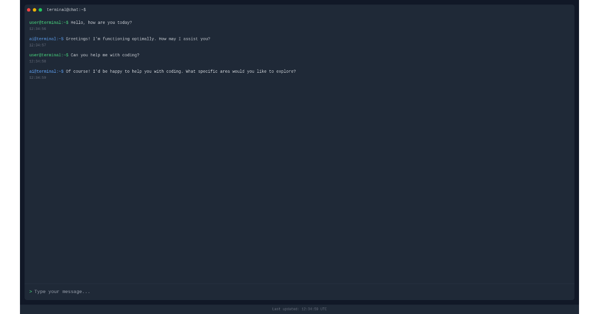 Terminal-Inspired Chat UI with Typewriter Effect | Tailwind HTML