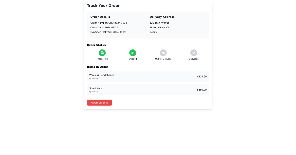 React Tailwind Track Order Widget - Real-Time Order Status & Delivery Info
