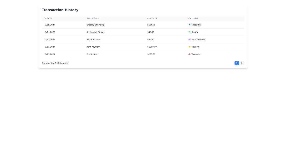 Transaction History Free React Tailwind Component