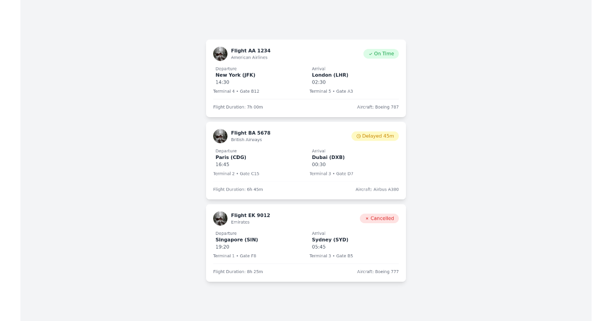 Flight Status Cards - Free Html, Tailwind Component