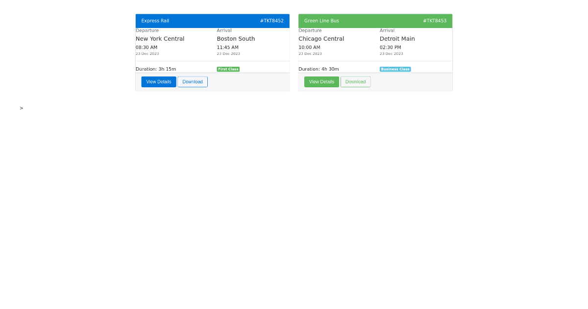 Create Bus and Train Trip Details Tickets with Bootstrap