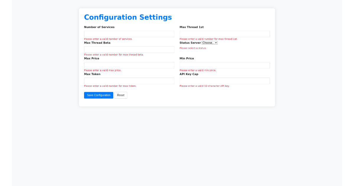 Configuration Settings Form - Free Html, Bootstrap Component
