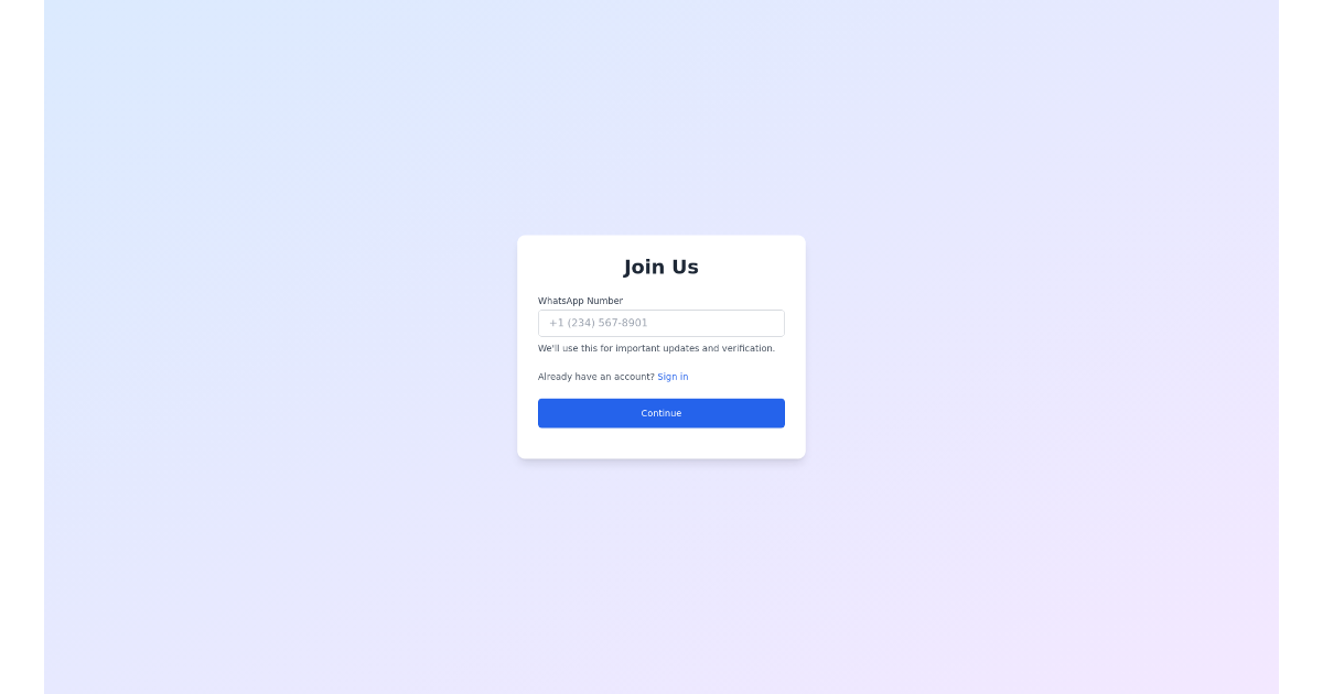 User Registration Step One - Verify Your WhatsApp Number