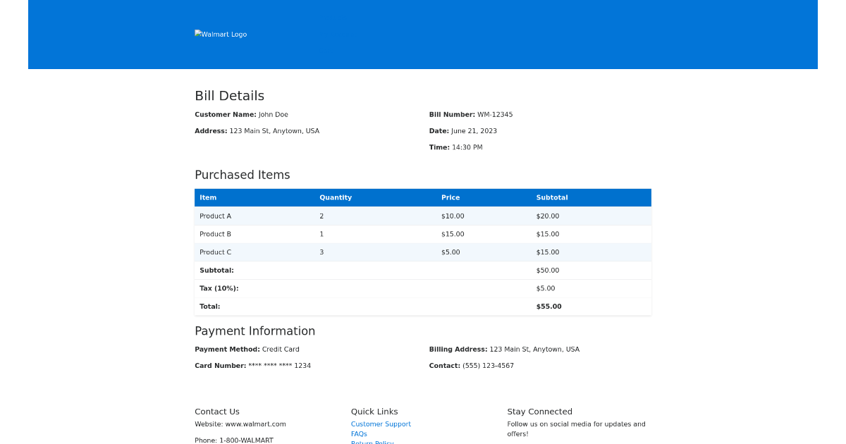 Walmart Bill Template - Free Html, Bootstrap Component